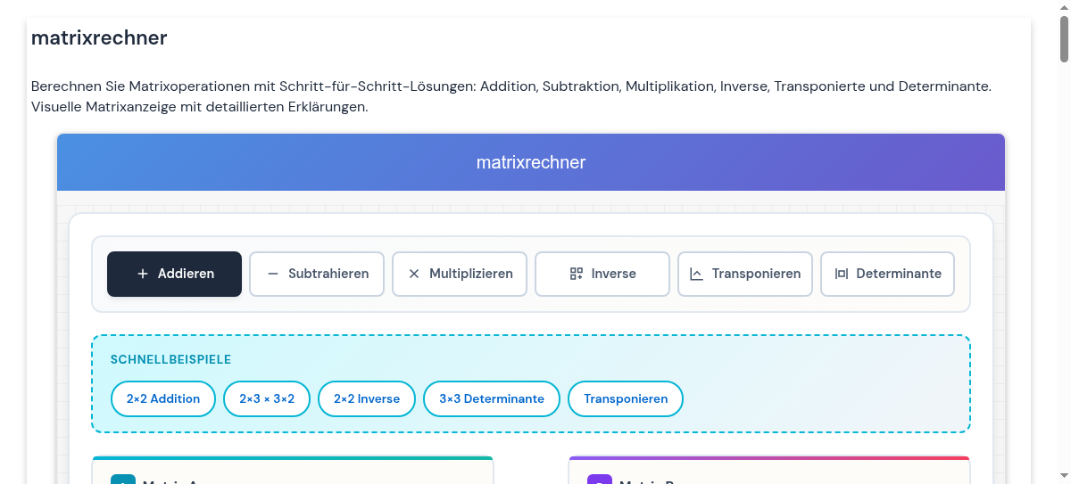 matrixrechner - Addition, Subtraktion, Multiplikation, Inverse ...