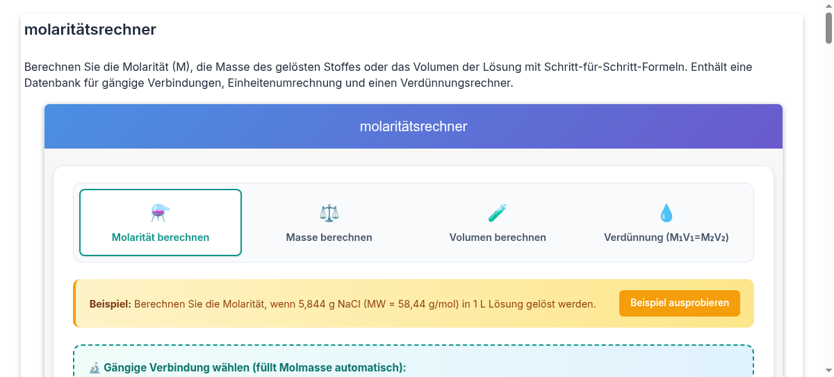 molaritätsrechner - Rechner für die Stoffmengenkonzentration mit ...