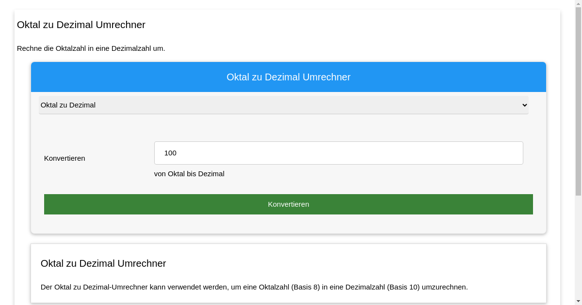 Oktal zu Dezimal Umrechner | Octal und Dezimal Umrechnungstool