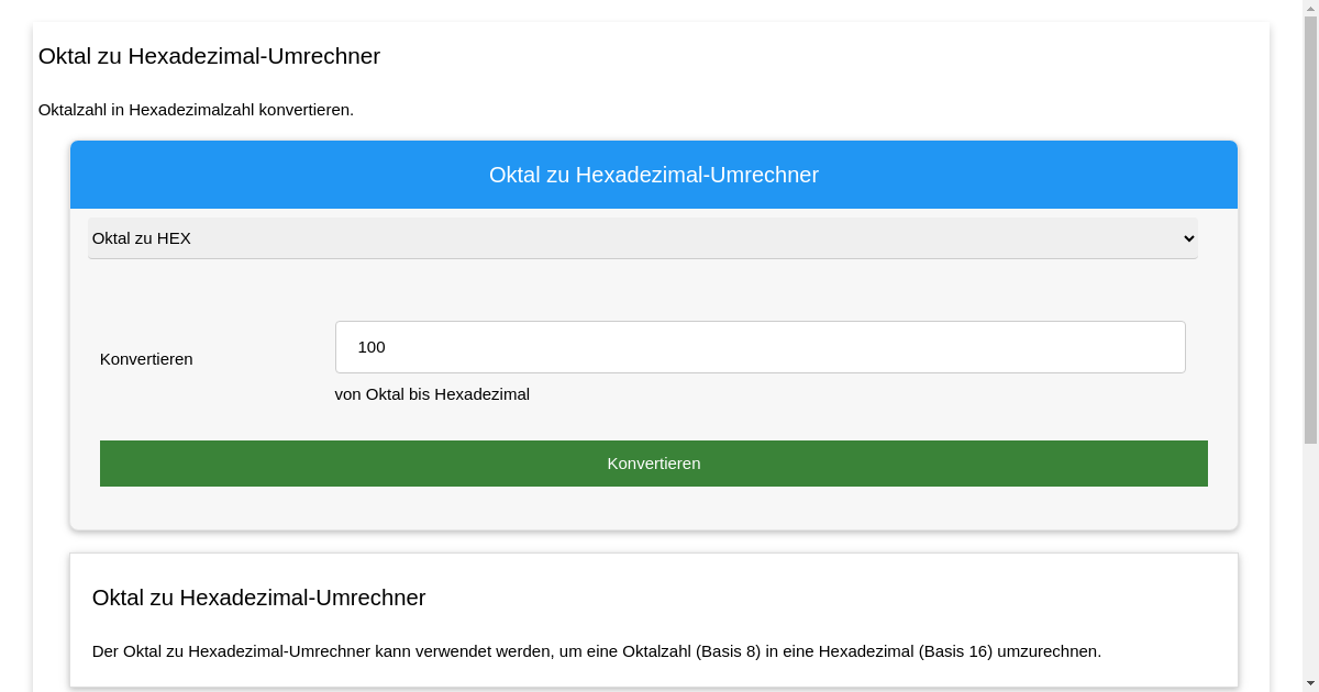 Oktal zu Hexadezimal-Umrechner | Octal und Hexadezimal-Umrechnungstool