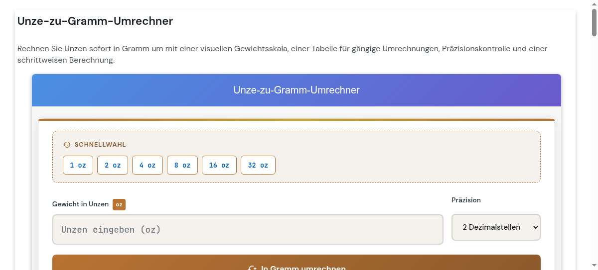 Unze-zu-Gramm-Umrechner - oz in g Rechner mit visueller Skala