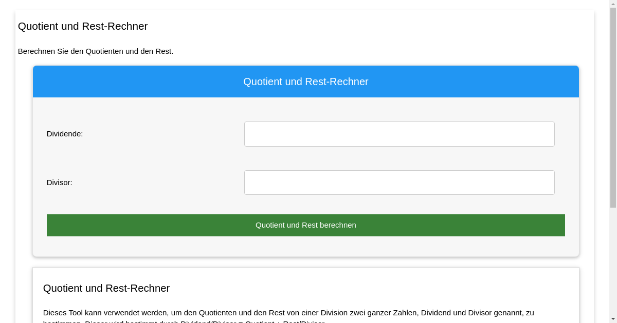 Quotient- und Rest-Rechner - Schritt-für-Schritt-Division mit visuellen Diagrammen