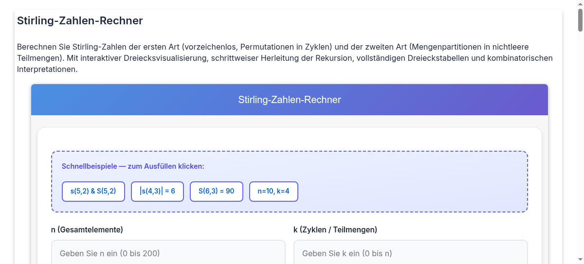 Stirling-Zahlen-Rechner - Erste & Zweite Art mit Dreiecksvisualisierung