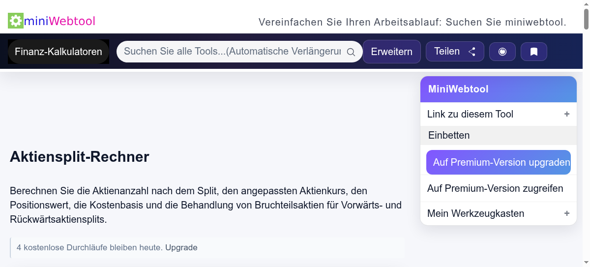 Aktiensplit-Rechner - Berechnen Sie Aktienanzahl und Preis nach einem Split