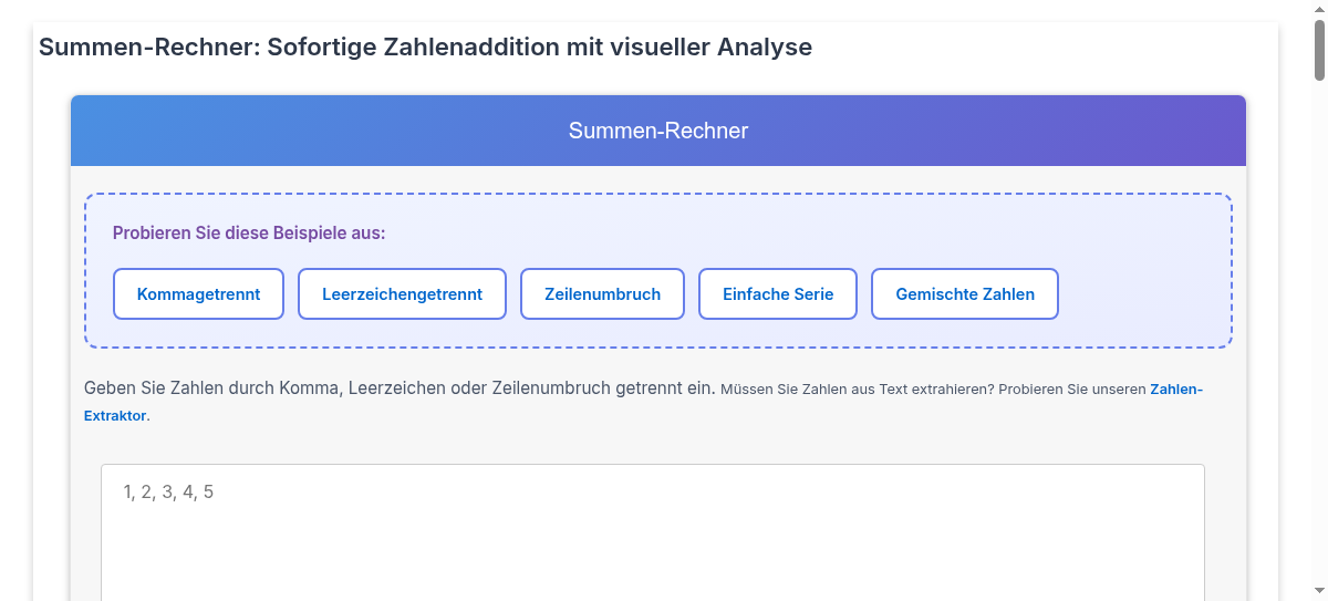 Summen-Rechner: Sofortige Zahlenaddition mit visueller Analyse