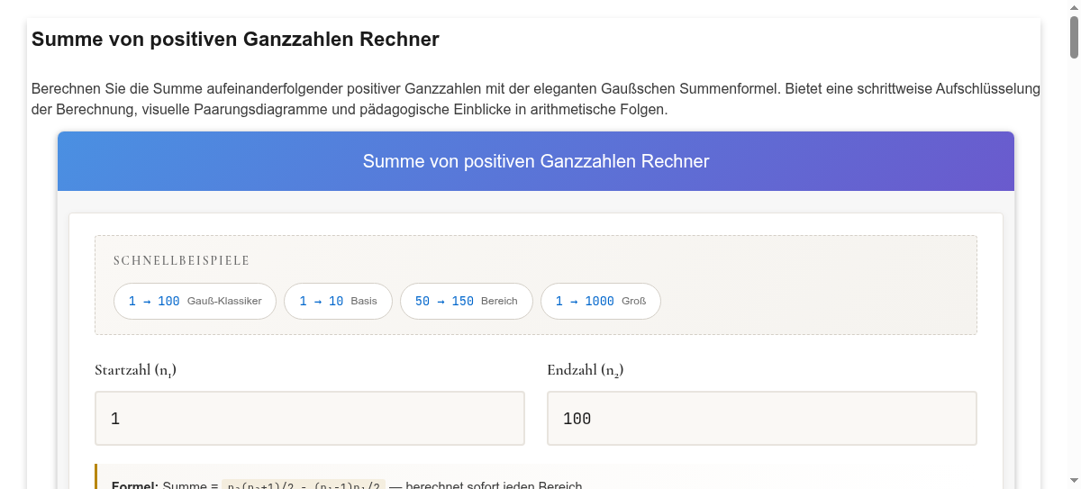 Summe von positiven Ganzzahlen Rechner - Gaußsche Formel mit Schritt ...