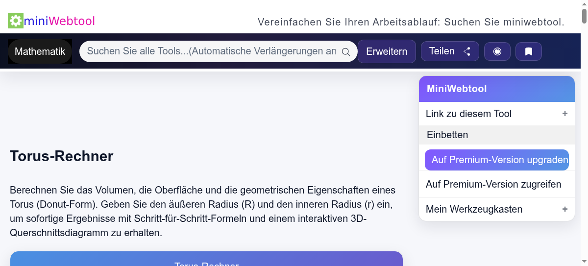 Torus-Rechner - Volumen, Oberfläche & Eigenschaften einer Donut-Form