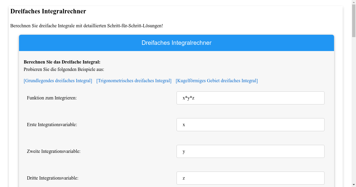 Dreifaches Integralrechner mit Schritt-für-Schritt-Lösungen