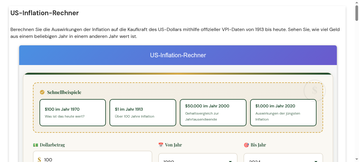 US-Inflation-Rechner - Dollar-Kaufkraft im Zeitverlauf berechnen