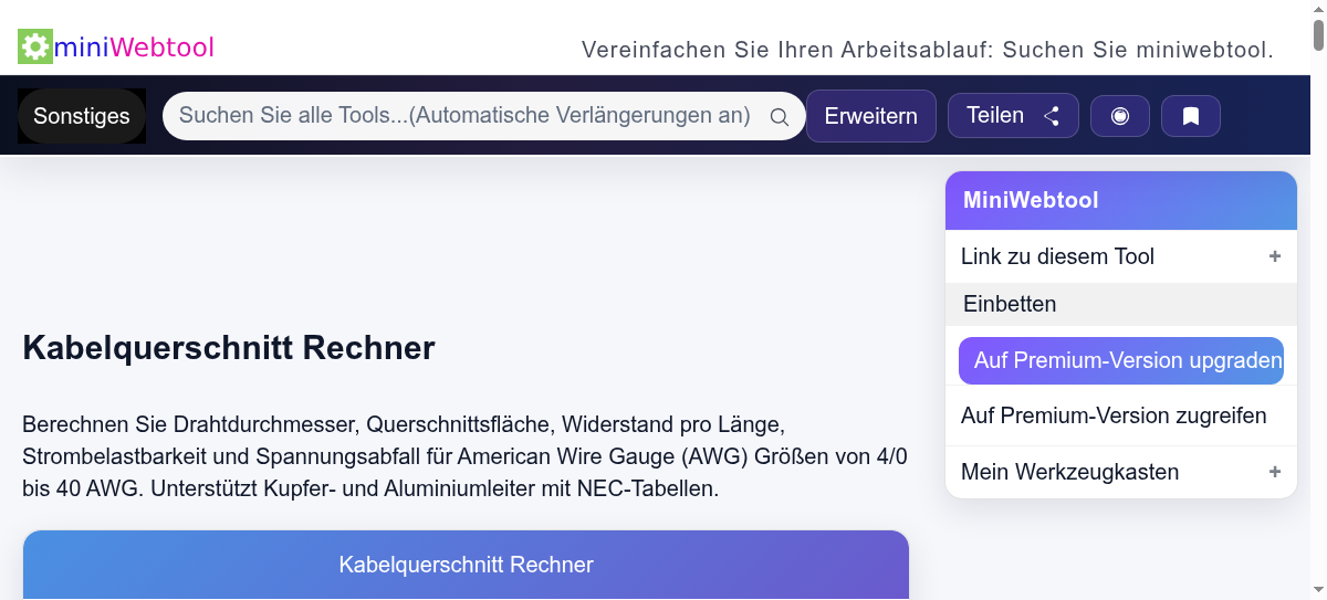 Kabelquerschnitt Rechner - AWG Größe, Strombelastbarkeit & Spannungsabfall
