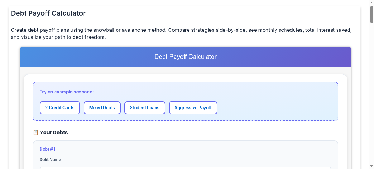 Debt Payoff Calculator - Snowball vs Avalanche Method Comparison