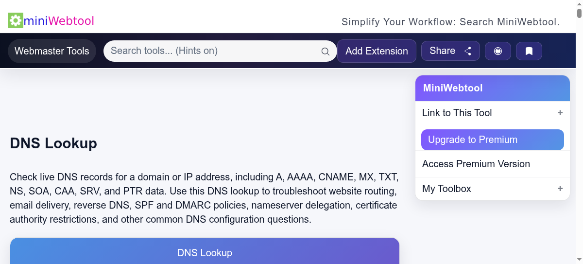 DNS Lookup for A, MX, CNAME, TXT, NS, SOA, CAA, SRV, and PTR Record Checks