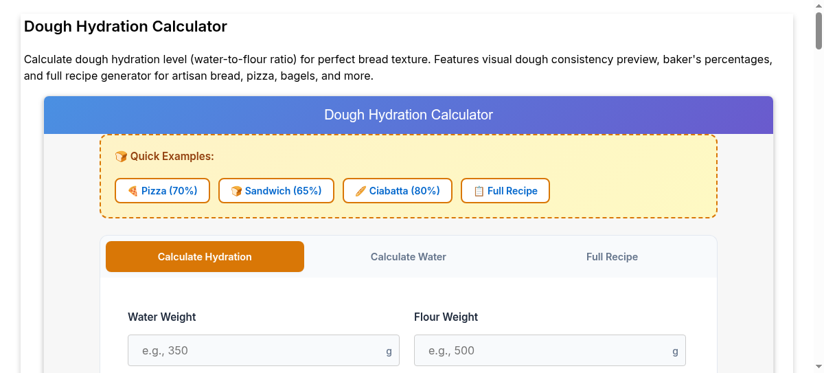 Dough Hydration Calculator - Baker's Percentage & Water-to-Flour Ratio Tool