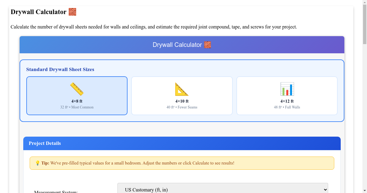 Drywall Calculator - Estimate Drywall Sheets and Materials