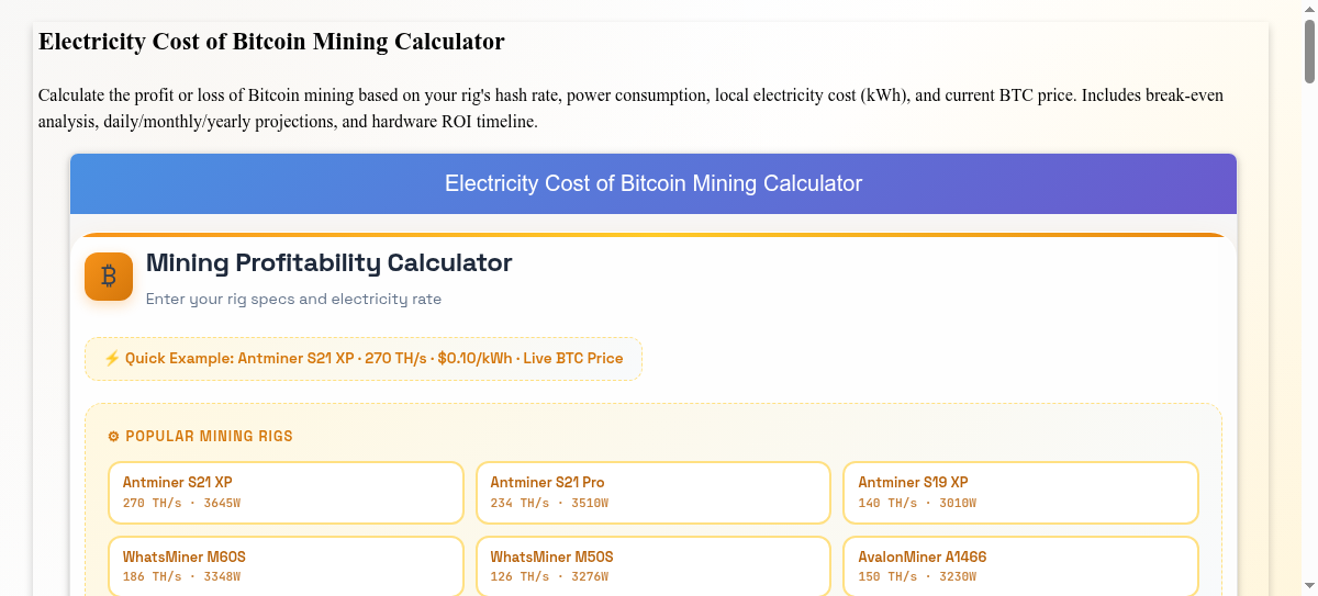 Electricity Cost of Bitcoin Mining Calculator | Mining Profitability ...