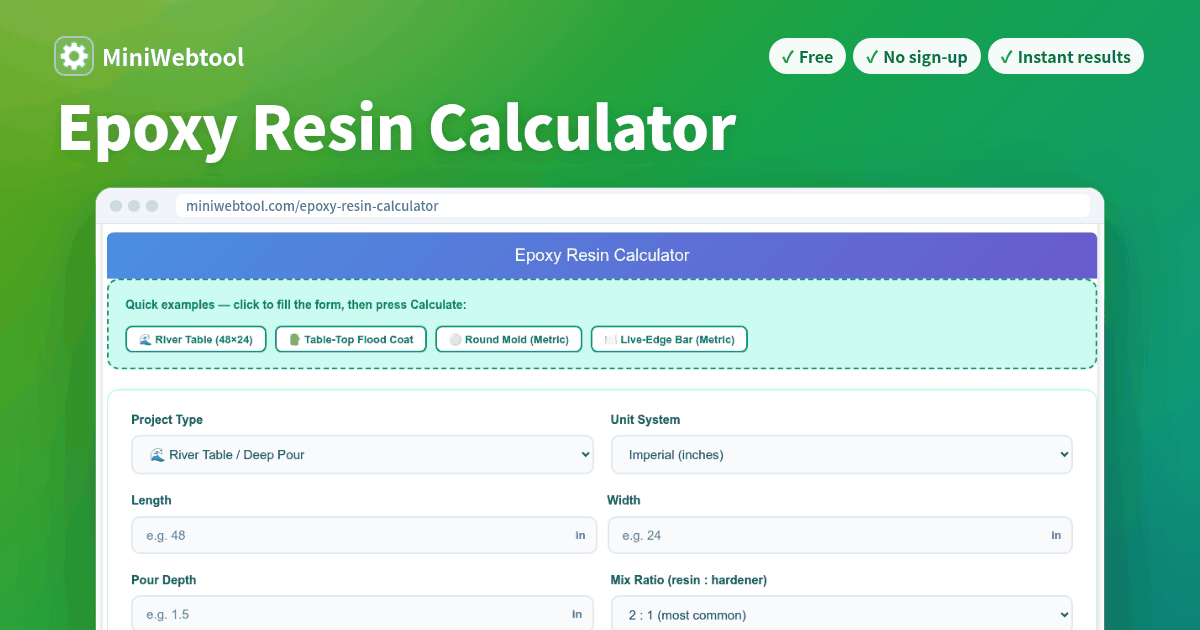 Epoxy Resin Calculator - Resin Volume for Tables, Molds & Coatings