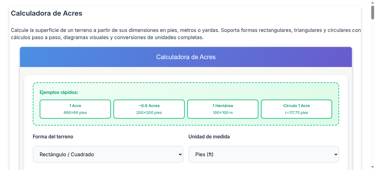 Calculadora de Acres - Conversor de área terrestre con diagramas visuales