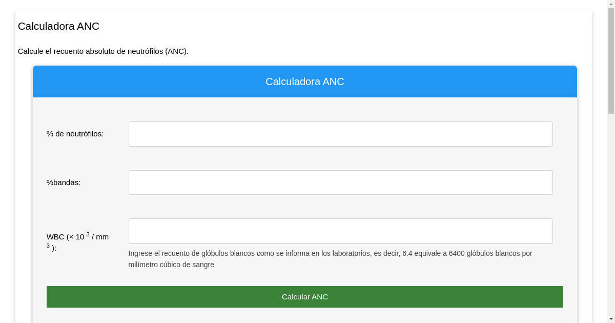 Calculadora ANC - Calcular recuento absoluto de neutrófilos