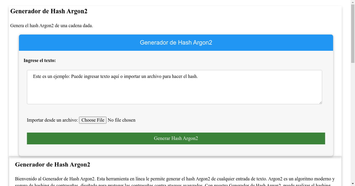 Generador de Hash Argon2 en línea