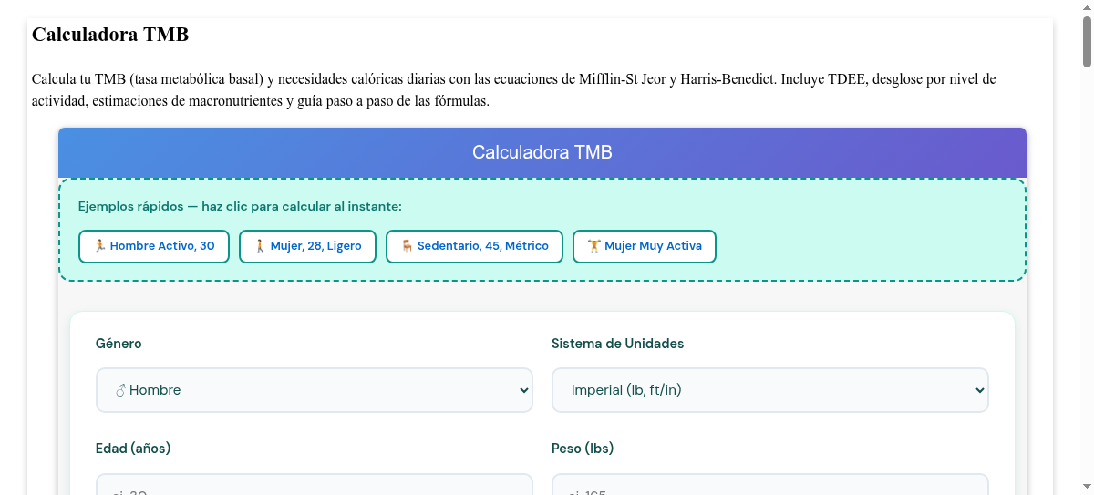 Calculadora TMB - Tasa Metabólica Basal y en Reposo (TMB / TMR / RMR ...