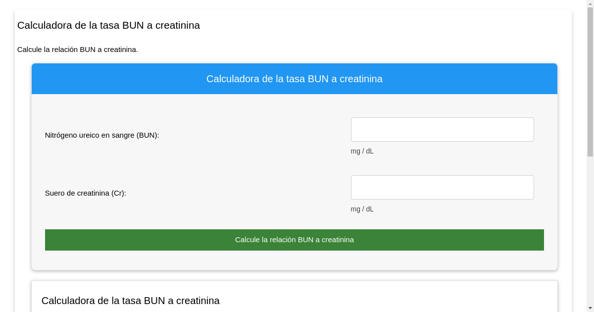 Calculadora de la tasa BUN a creatinina