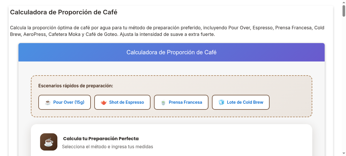 Calculadora de Proporción de Café - Ratios perfectos de café y agua