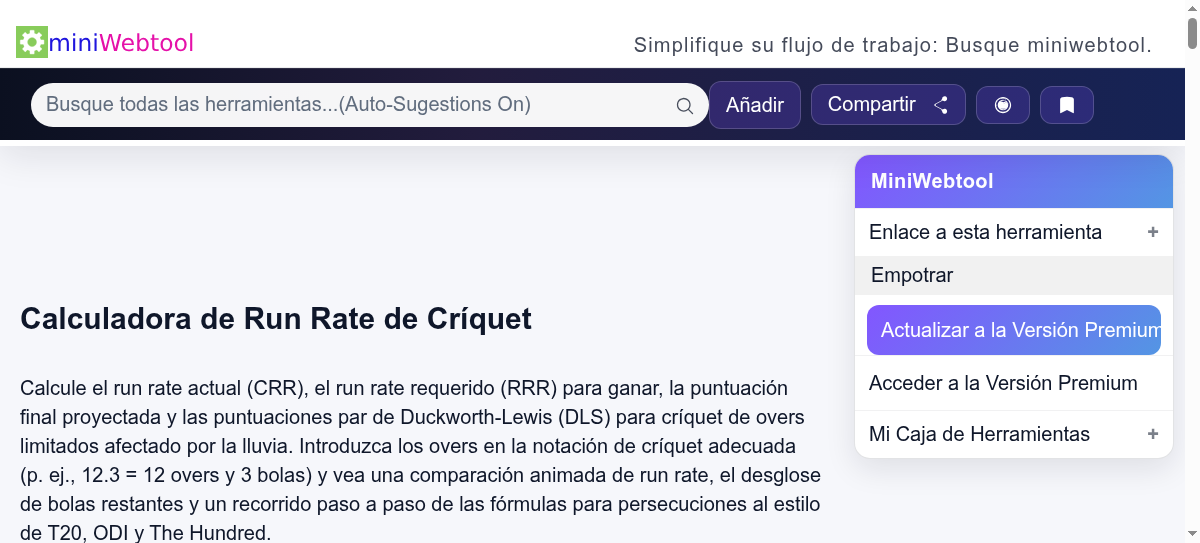 Calculadora de Run Rate de Críquet - Actual, Requerido y Puntuación Par DLS