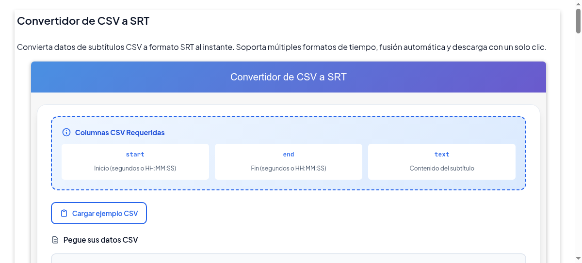 Convertidor de CSV a SRT - Convertir subtítulos CSV a formato SRT en línea