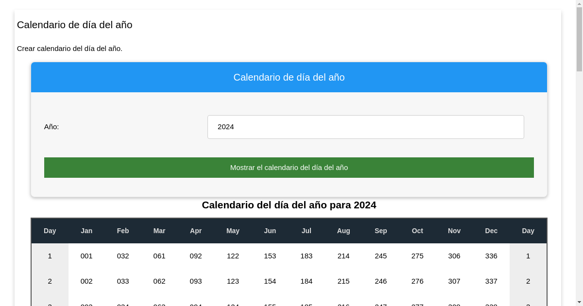 Calendario del día del año para 2024