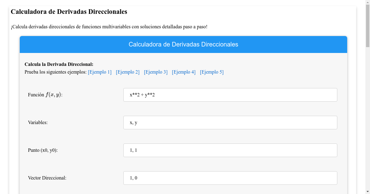 Calculadora de Derivadas Direccionales con Soluciones Paso a Paso