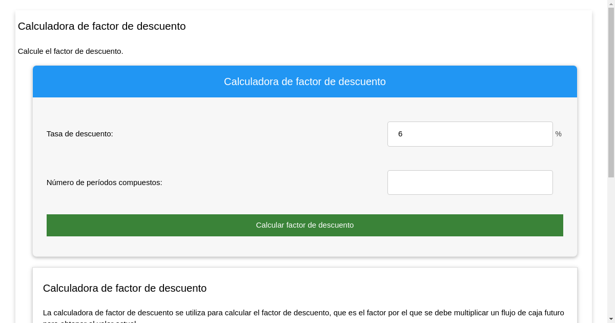 Calculadora de Factor de Descuento (Alta Precisión)