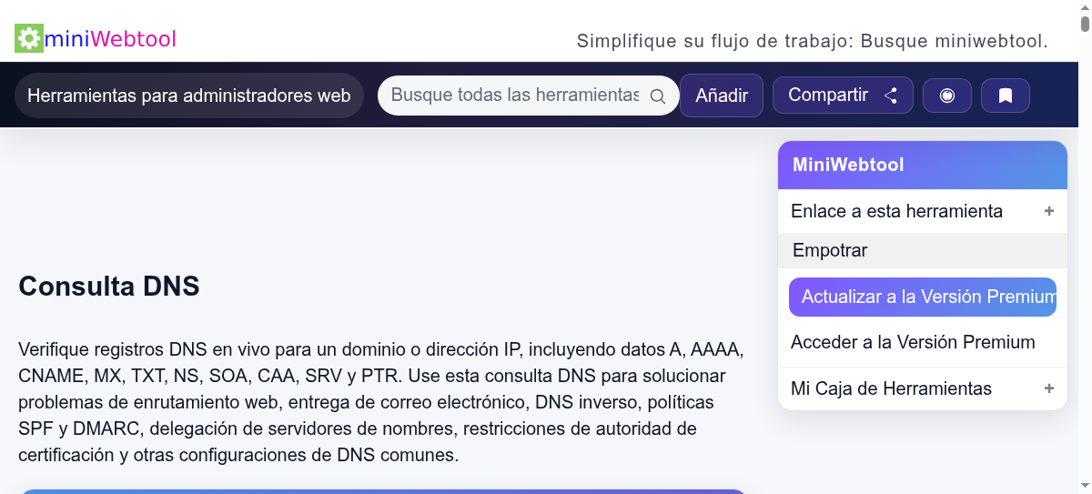 Consulta DNS para registros A, MX, CNAME, TXT, NS, SOA, CAA, SRV y PTR