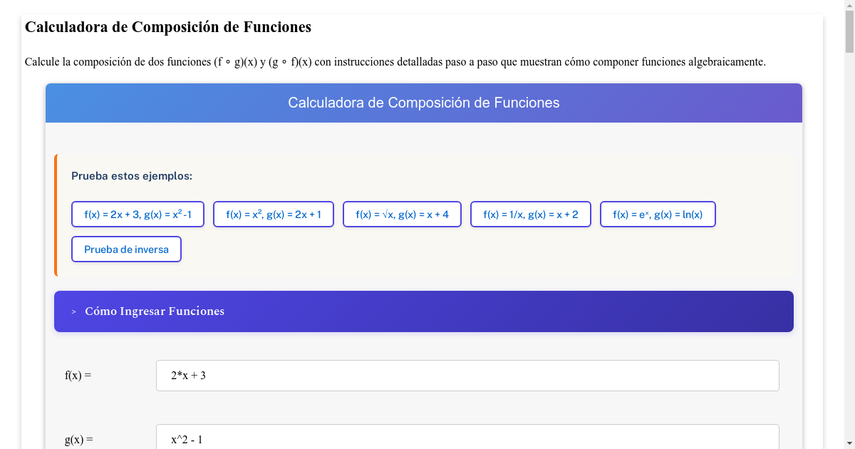 Calculadora de Composición de Funciones - Calcular (f ∘ g)(x) y (g ∘ f)(x) Paso a Paso