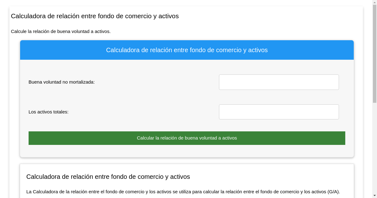 Calculadora de relación entre fondo de comercio y activos