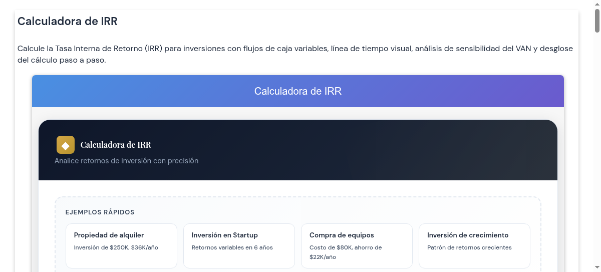 Calculadora de IRR Gratis - Tasa Interna de Retorno con Análisis de ...