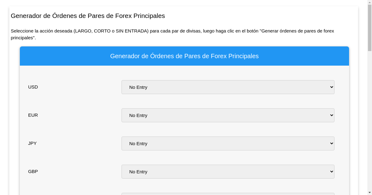 Generador de Órdenes de Pares de Forex Principales