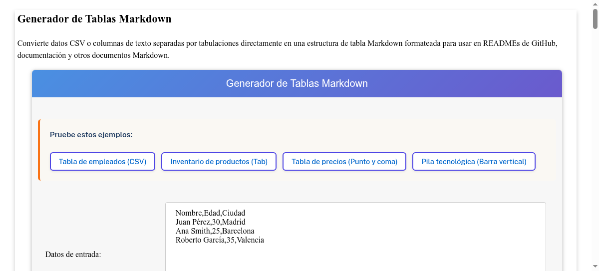 Generador de Tablas Markdown - Convierte CSV a tablas Markdown online