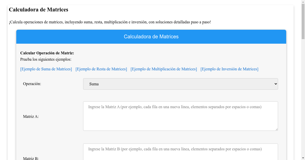 Calculadora de Matrices para Suma, Resta, Multiplicación e Inversión