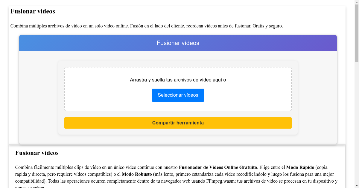 Fusionar vídeos online (MP4, WEBM, MOV) - Gratis