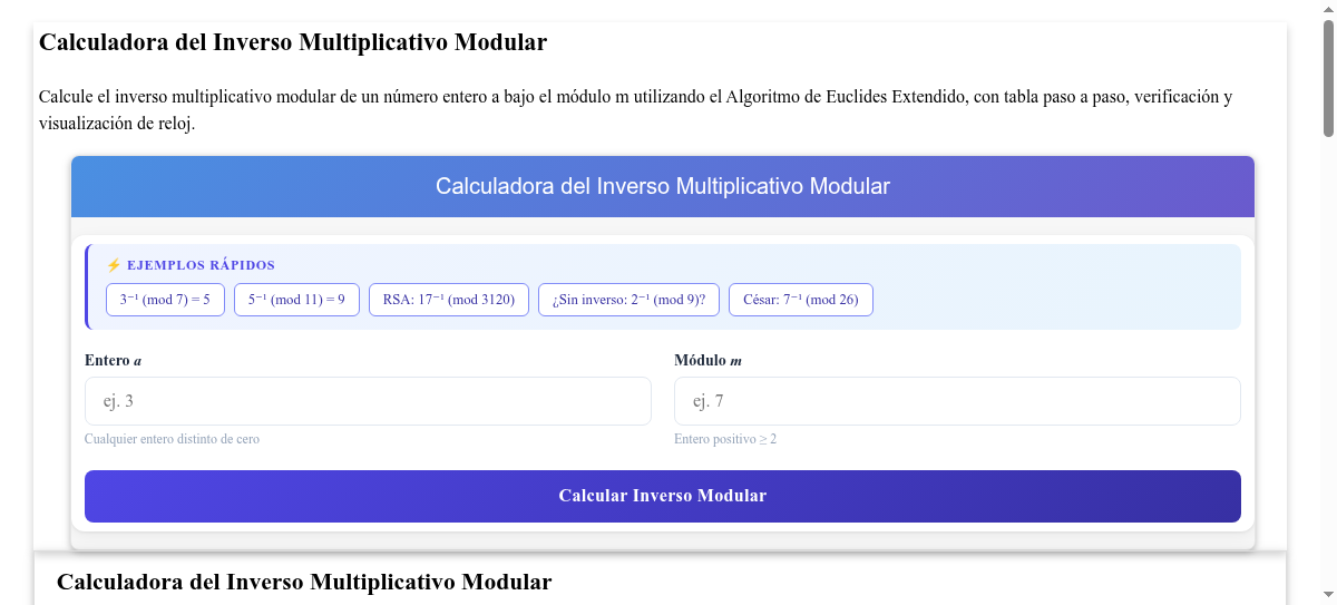 Calculadora del Inverso Multiplicativo Modular - Hallar a⁻¹ mod m
