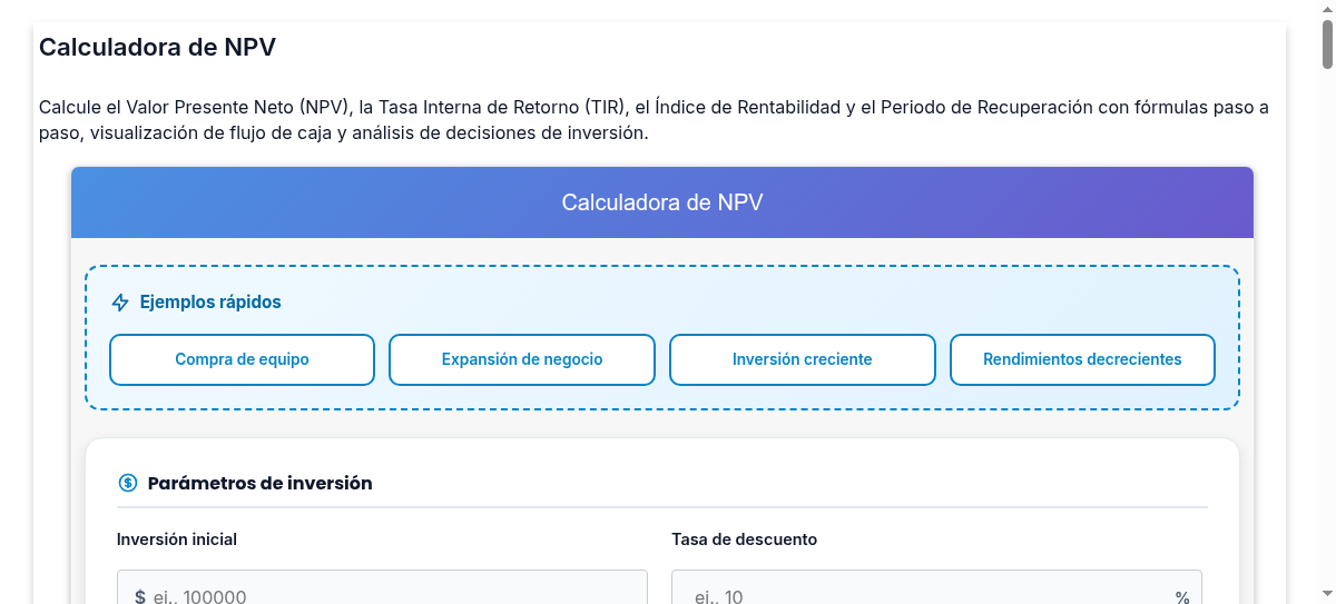 Calculadora de NPV - Valor Presente Neto con TIR y Análisis de Inversión