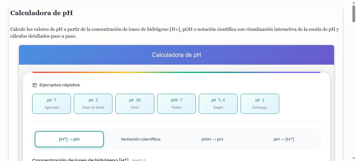 Calculadora de pH - Calcule pH, pOH e [H+] con soluciones paso a paso