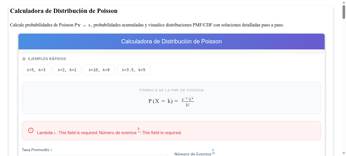 Calculadora de Distribución de Poisson - Probabilidad, PMF, CDF con Pasos