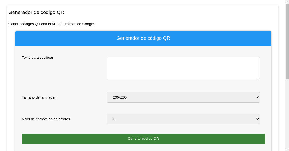 Generador de código QR - Generar códigos QR usando API de Google Chart