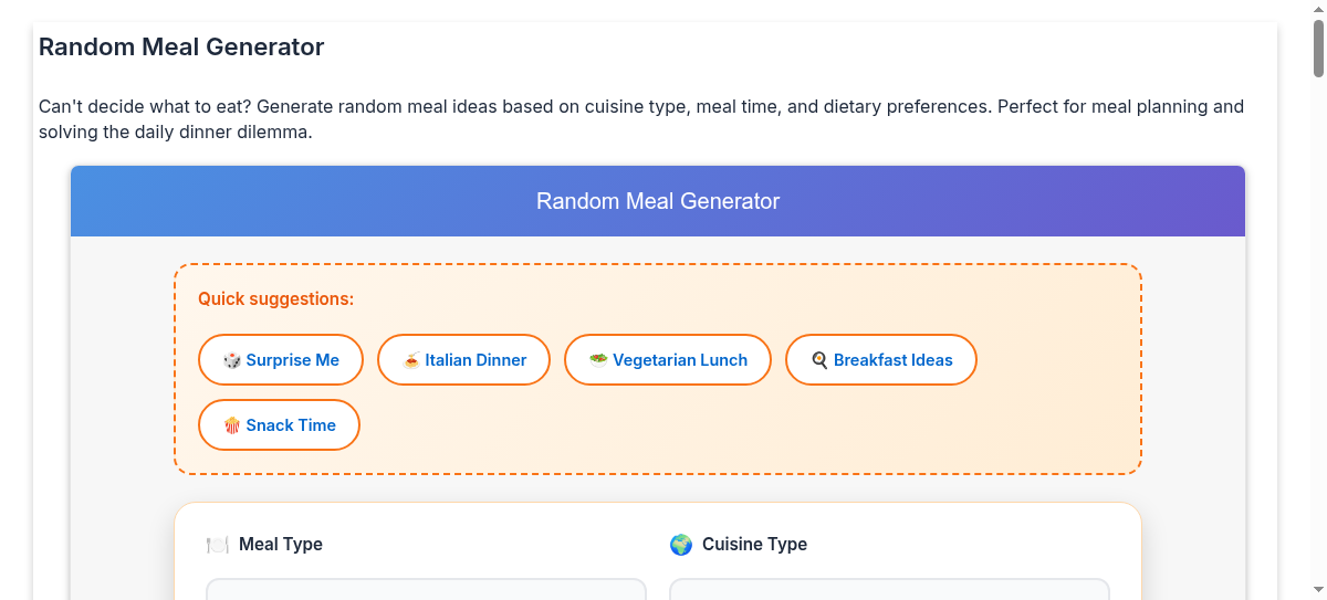 Random Meal Generator - What Should I Eat Today? Get Instant Meal Ideas