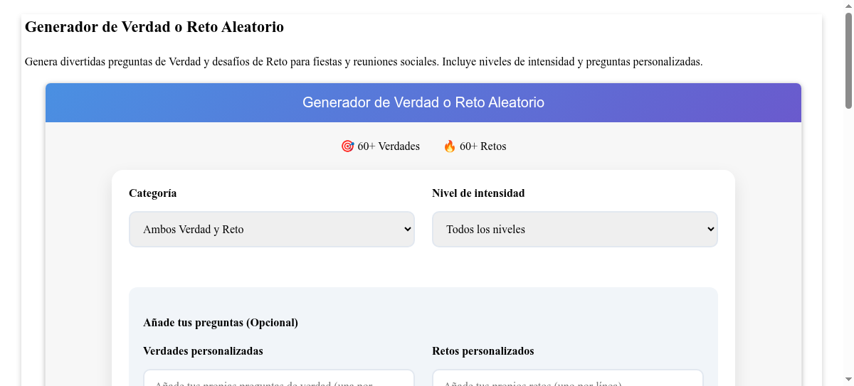 Generador de Verdad o Reto Aleatorio - Divertido juego de fiesta