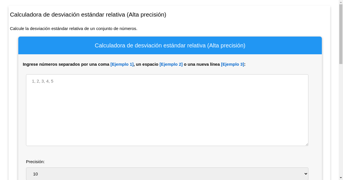 Calculadora de desviación estándar relativa (Alta precisión)