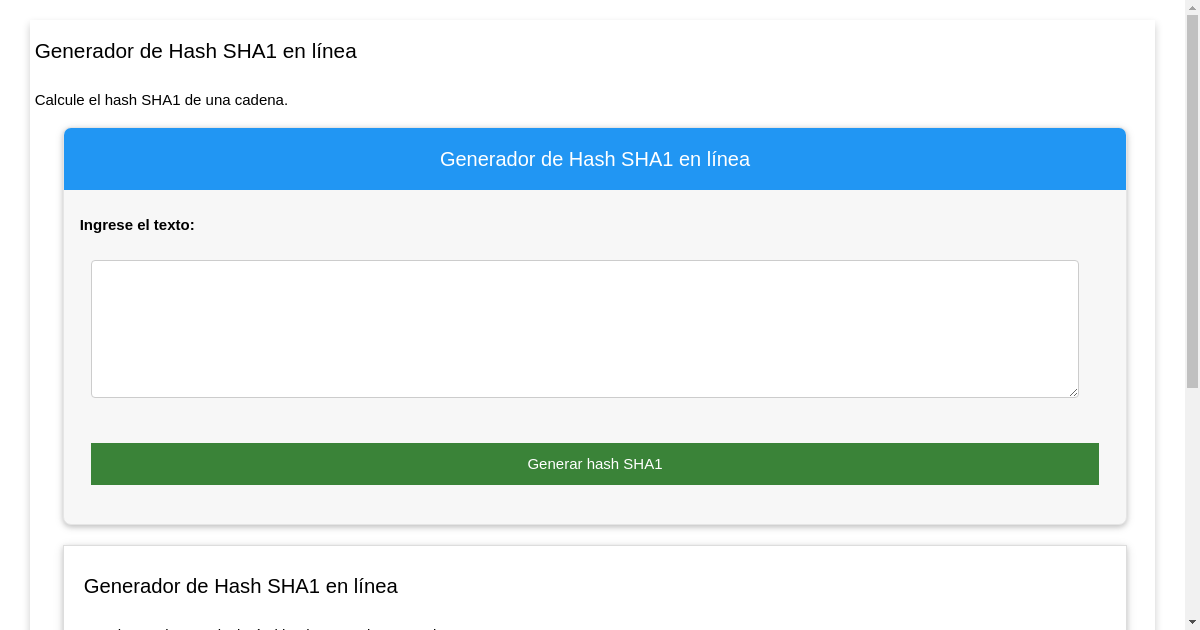 Generador de Hash SHA1 en línea