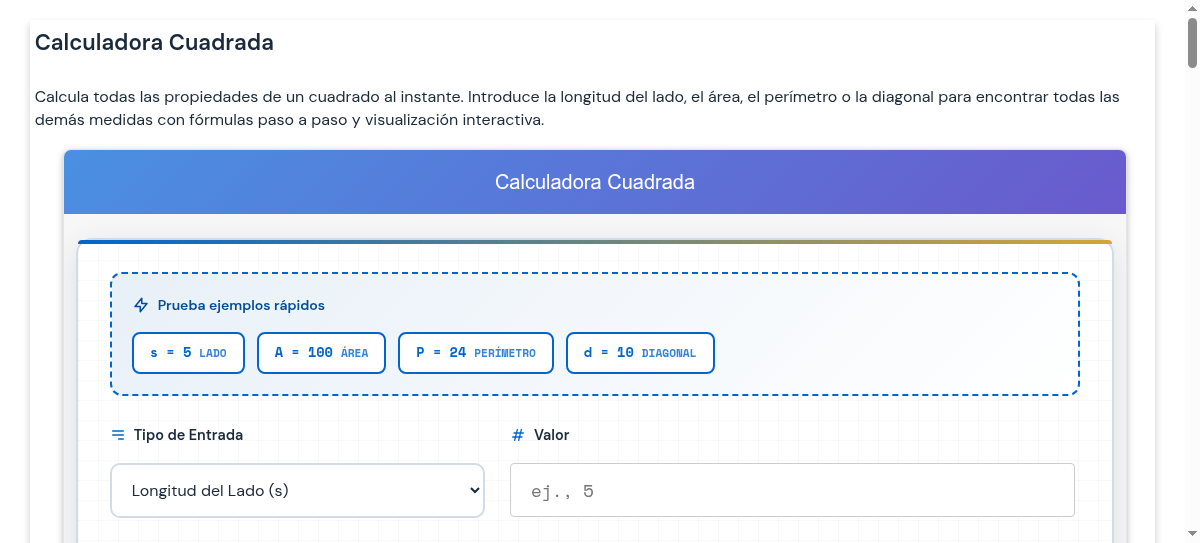 Calculadora Cuadrada - Área, Perímetro, Diagonal y Longitud del Lado