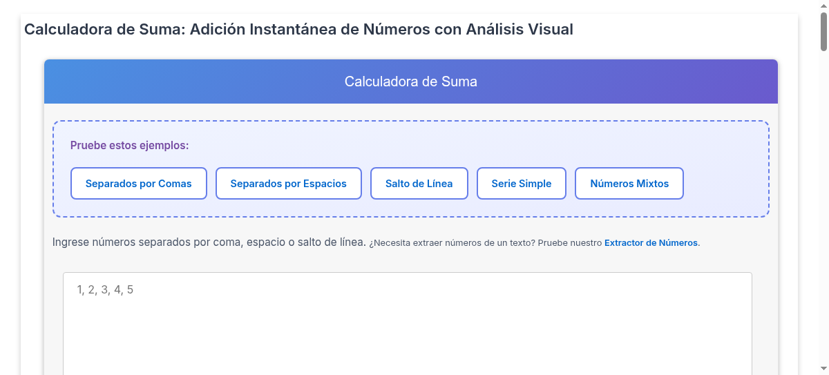 Calculadora de Suma: Adición Instantánea de Números con Análisis Visual